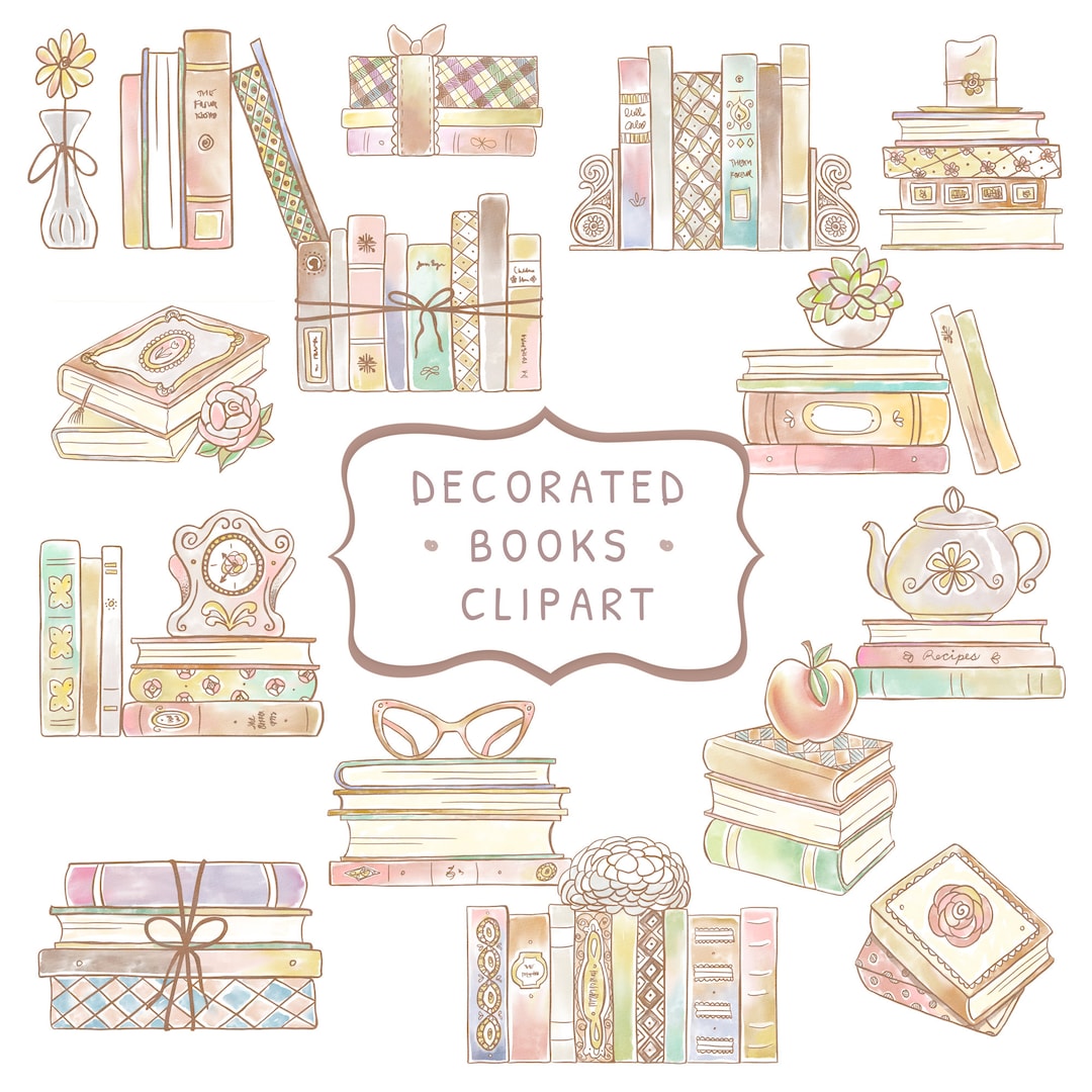 Decorated Book Stack Clipart, Library, Books, Vintage, Rows, Graphics ...