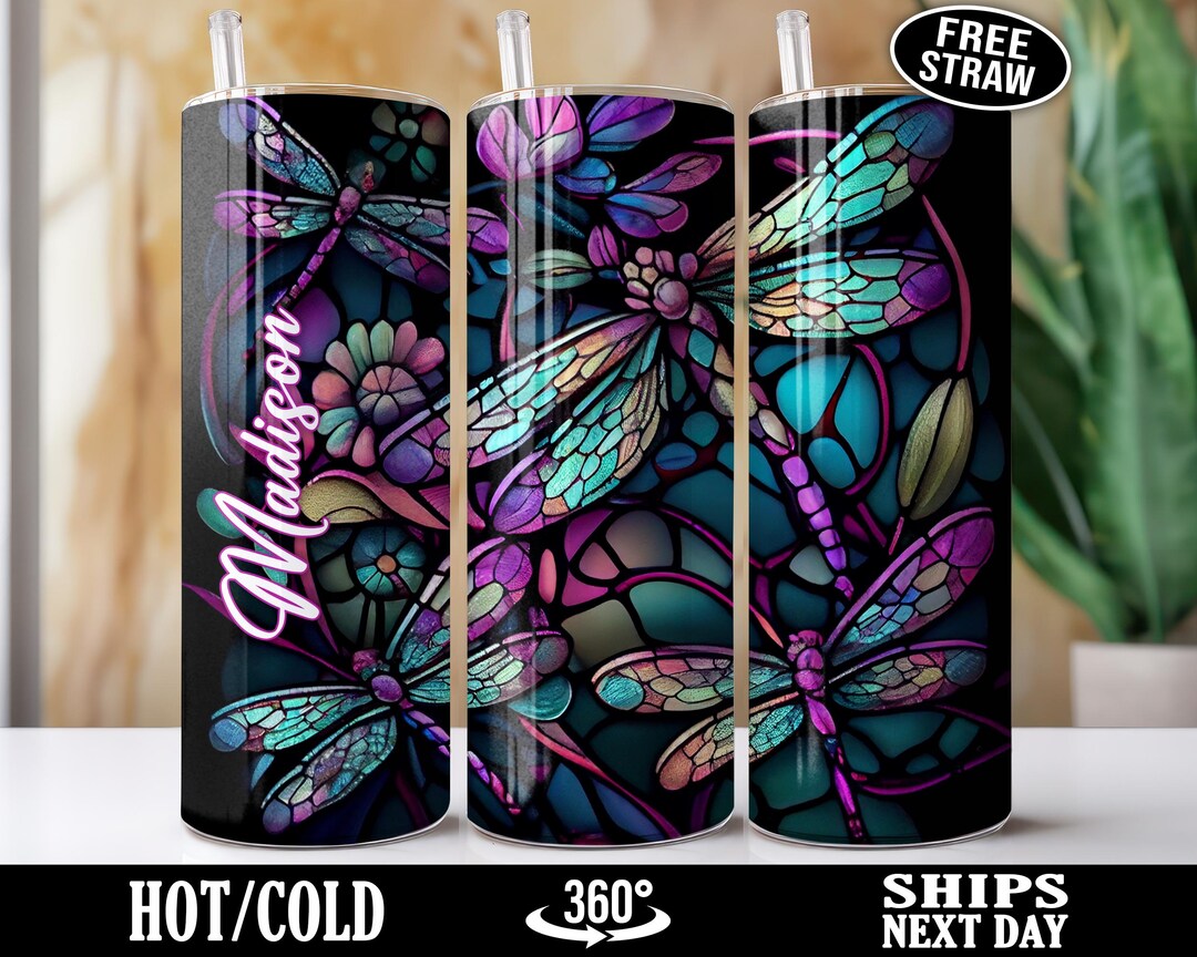 Personalized Stained Glass Dragonfly Tumbler, Custom Dragonflies Cup ...
