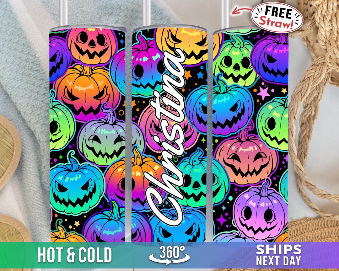 Personalized Halloween Tumbler, Custom Name Halloween Cup, Neon Pumpkin ...