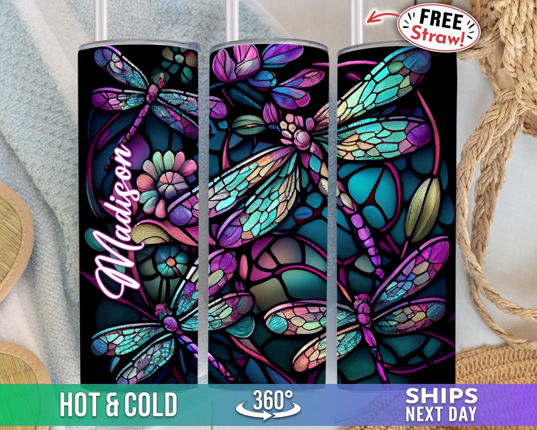Personalized Stained Glass Dragonfly Tumbler, Custom Dragonflies Cup ...