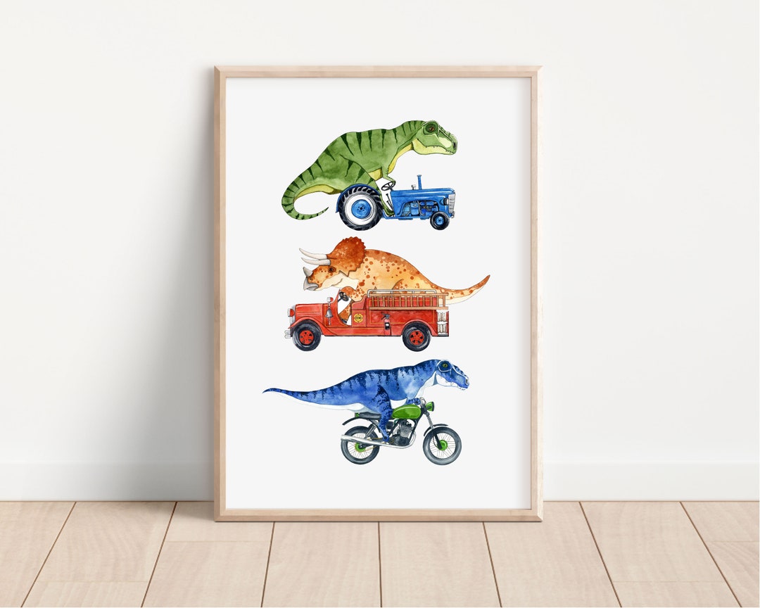 Dino and Tractor Print, Trex and Triceratops, Dino and Motorcycle, Dino ...