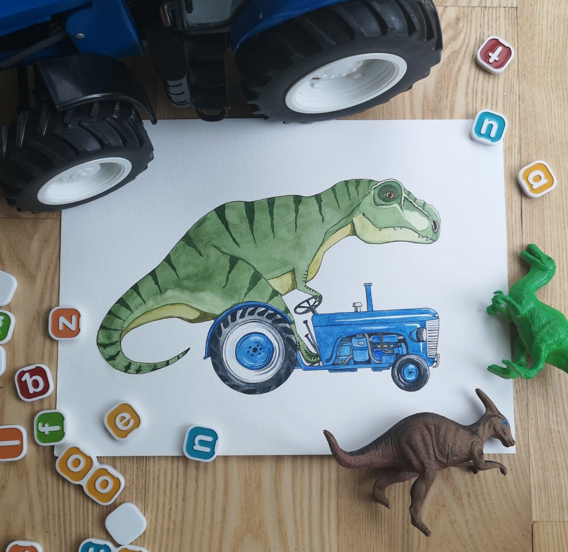 Dinosaur on a Tractor print | Etsy