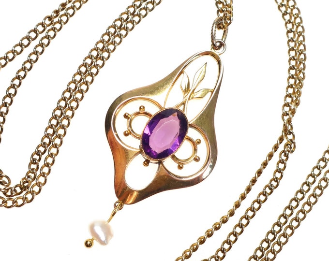 Antique Edwardian Art Nouveau Rolled Gold Gilt Amethyst Paste and Pearl ...