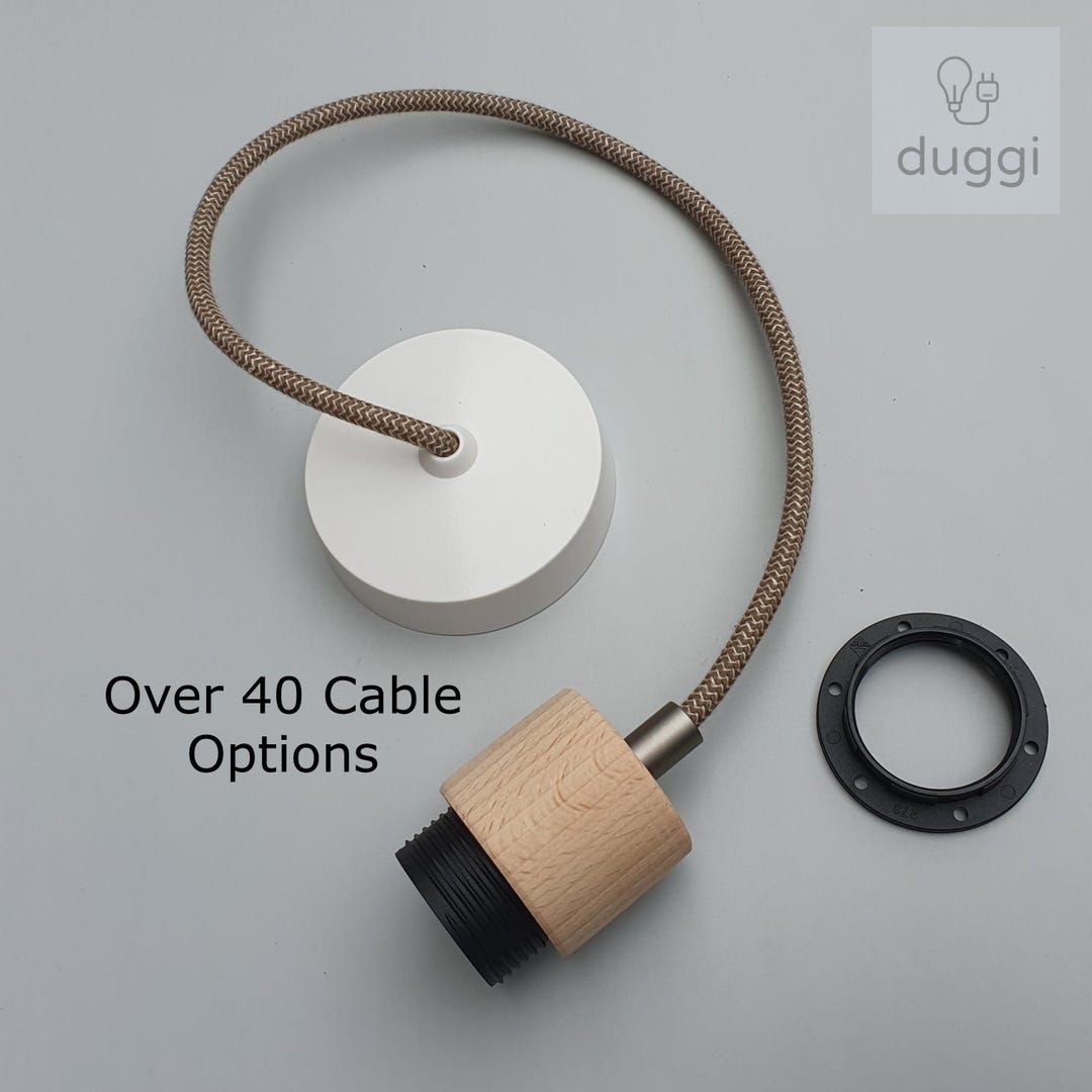 Wooden Ceiling Pendant Light With Fabric Cable - White or Black Ceiling ...