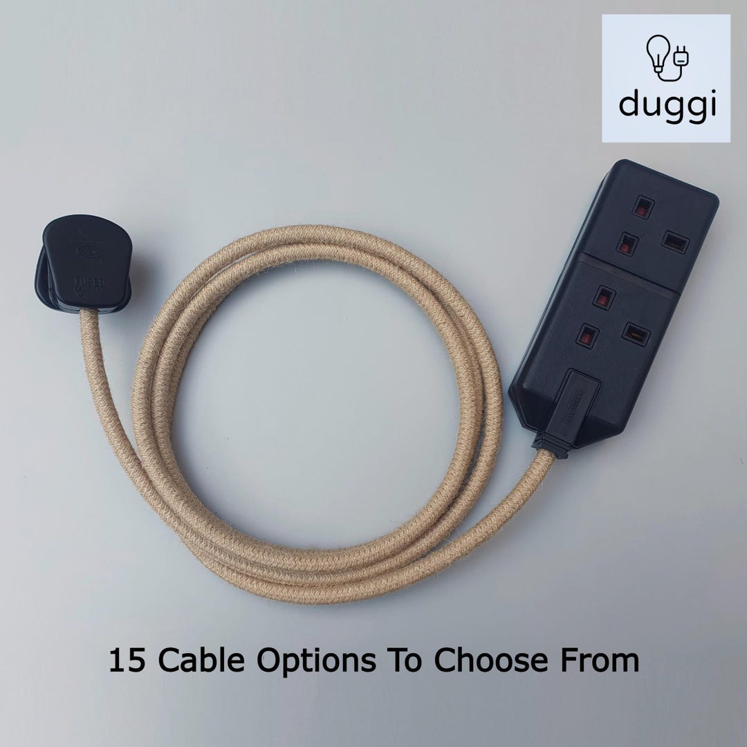 Bespoke Fabric Cable Extension Lead - Black Trailing Socket - 2 Way or ...