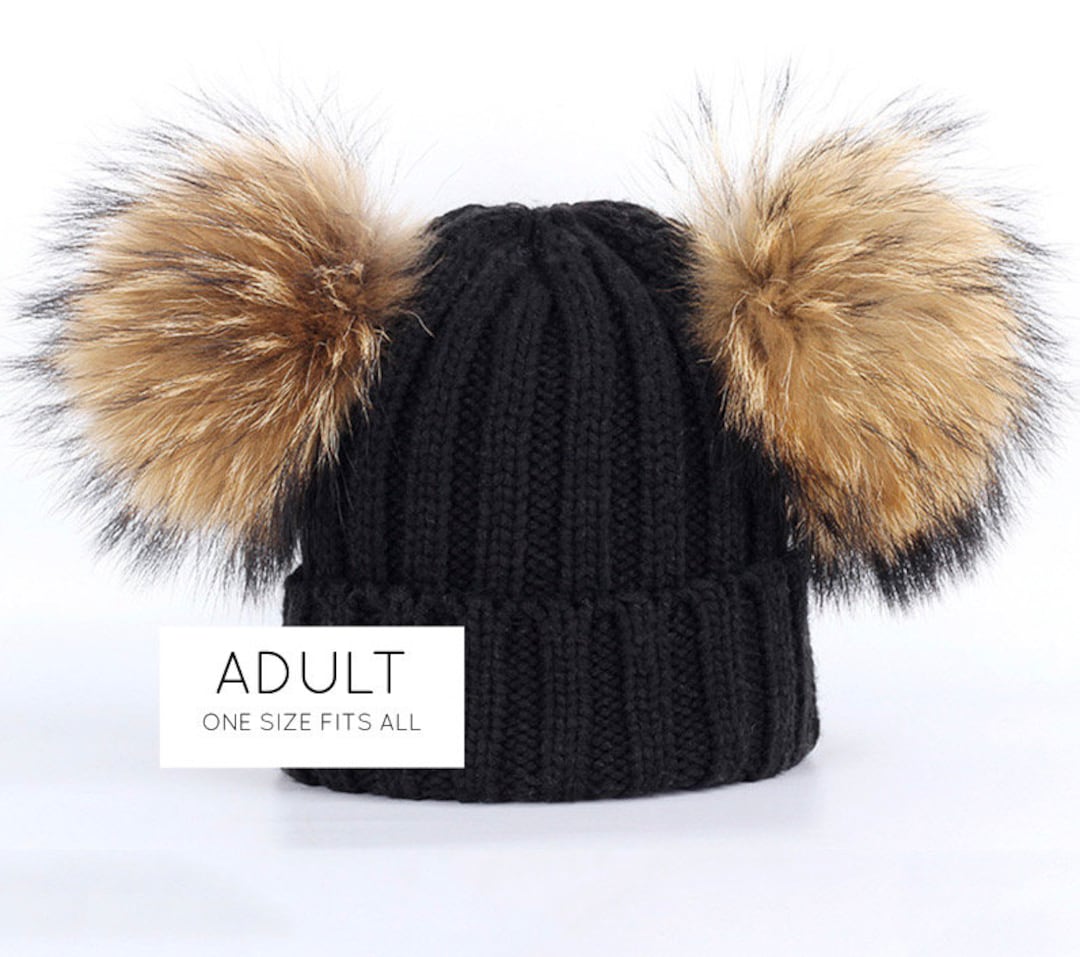 Adult Double Pom Pom Hat Matching Adult and Baby Real Fur Pom Pom Hat ...