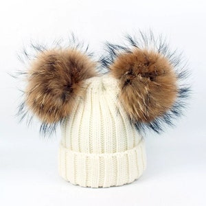 Adult Double Pom Pom Hat Matching Adult and Baby Real Fur Pom Pom Hat ...