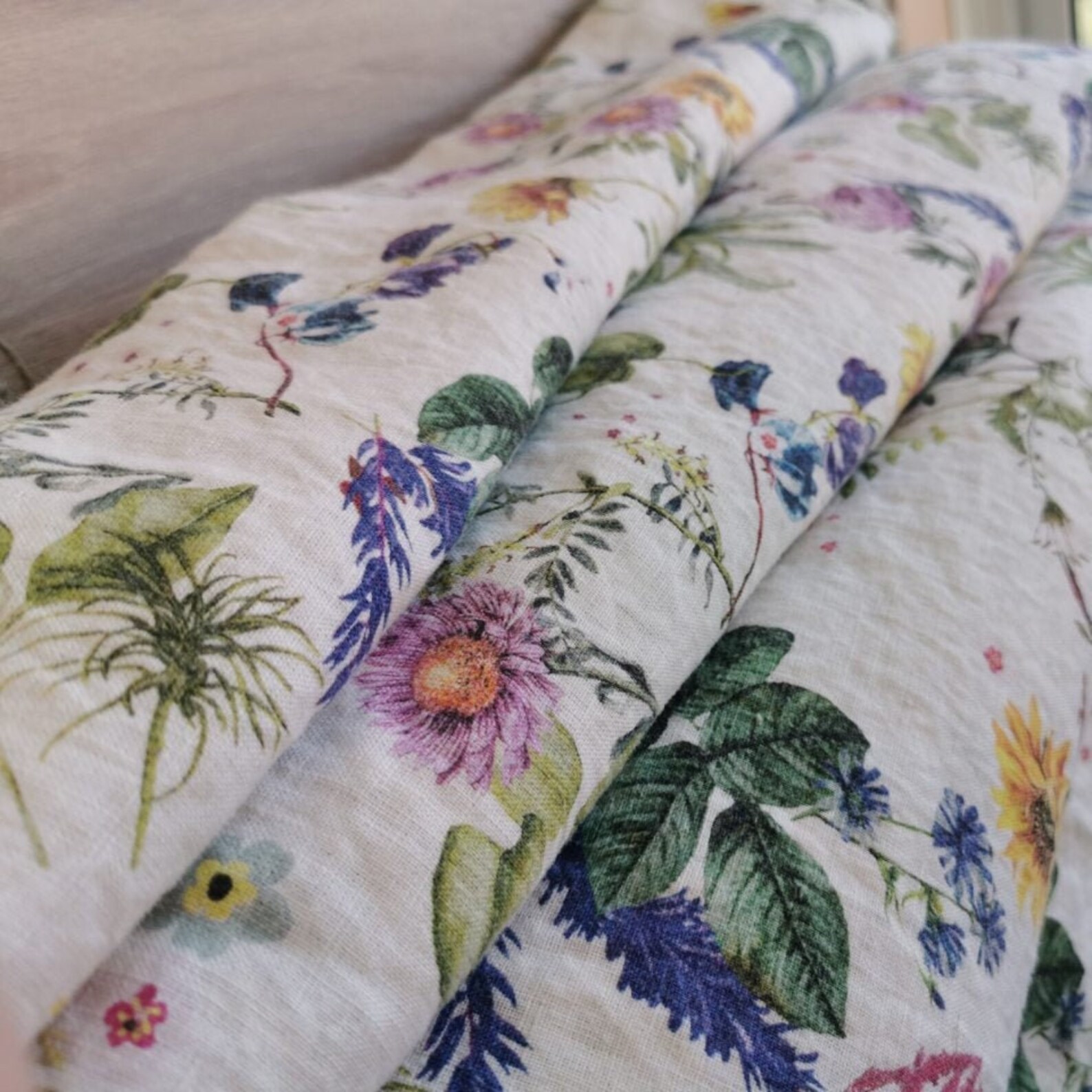 Softened Linen Fabric With Floral Pattern Flowers3 by Meter | Etsy