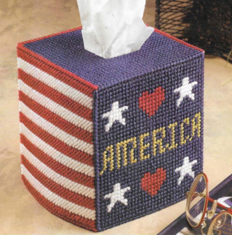 Two Patriotic Plastic Canvas Patterns, Flag Frame and America Tissue ...