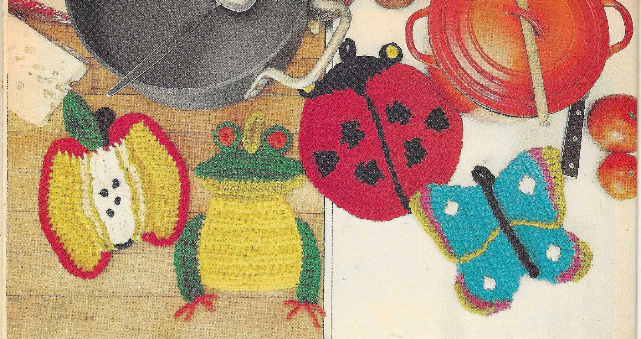 Four Vintage Crochet Potholder Patterns, Butterfly , Ladybug, Frog ...