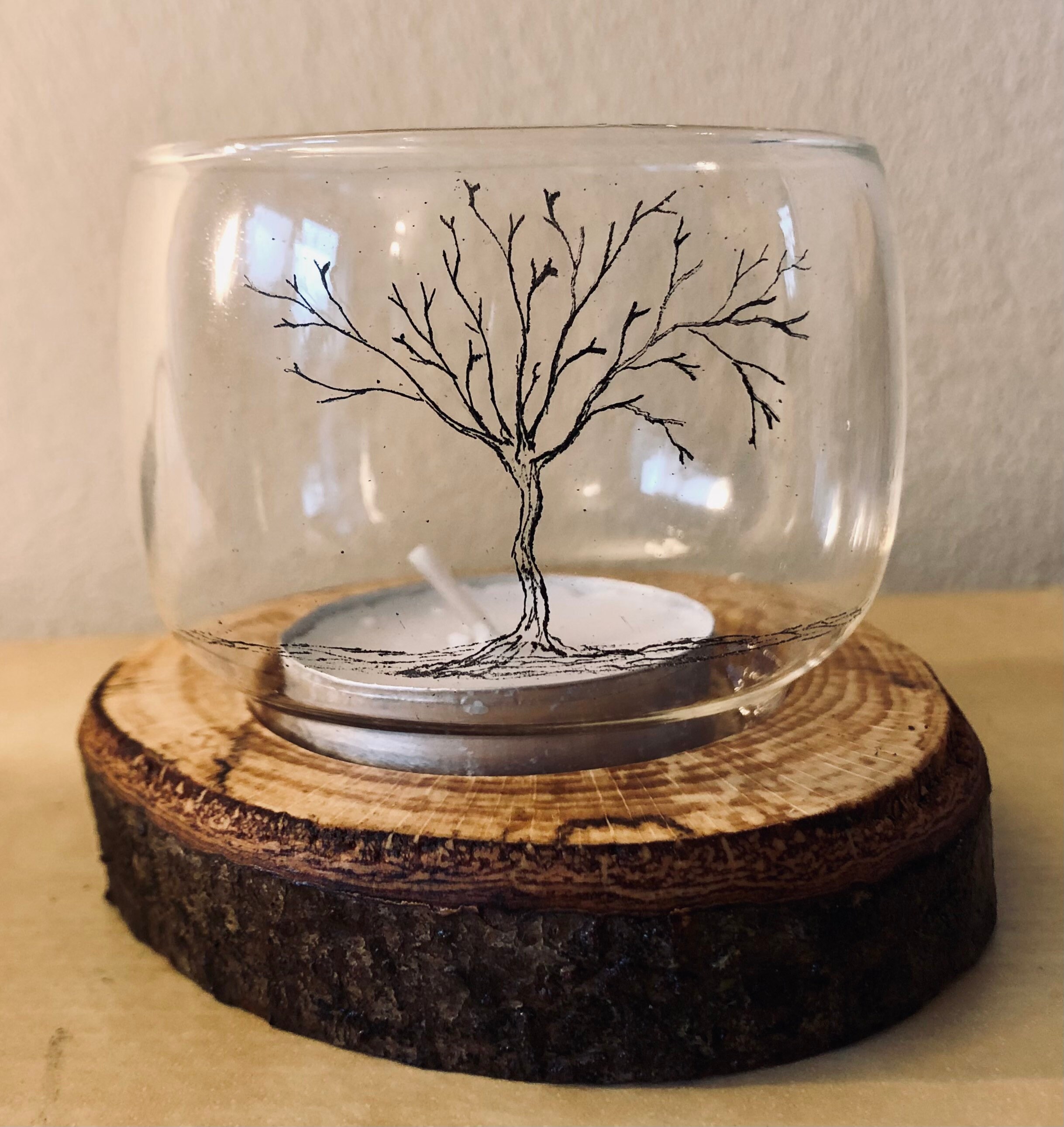 Single Glass Tealight Holder With Freehand Hawthorn Tree | Etsy UK