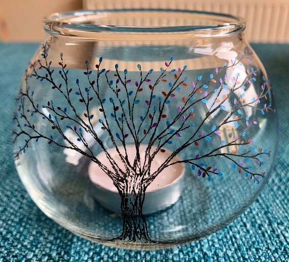 Stunning Freehand Engraved & Painted Glass Tea Light Holder - Etsy