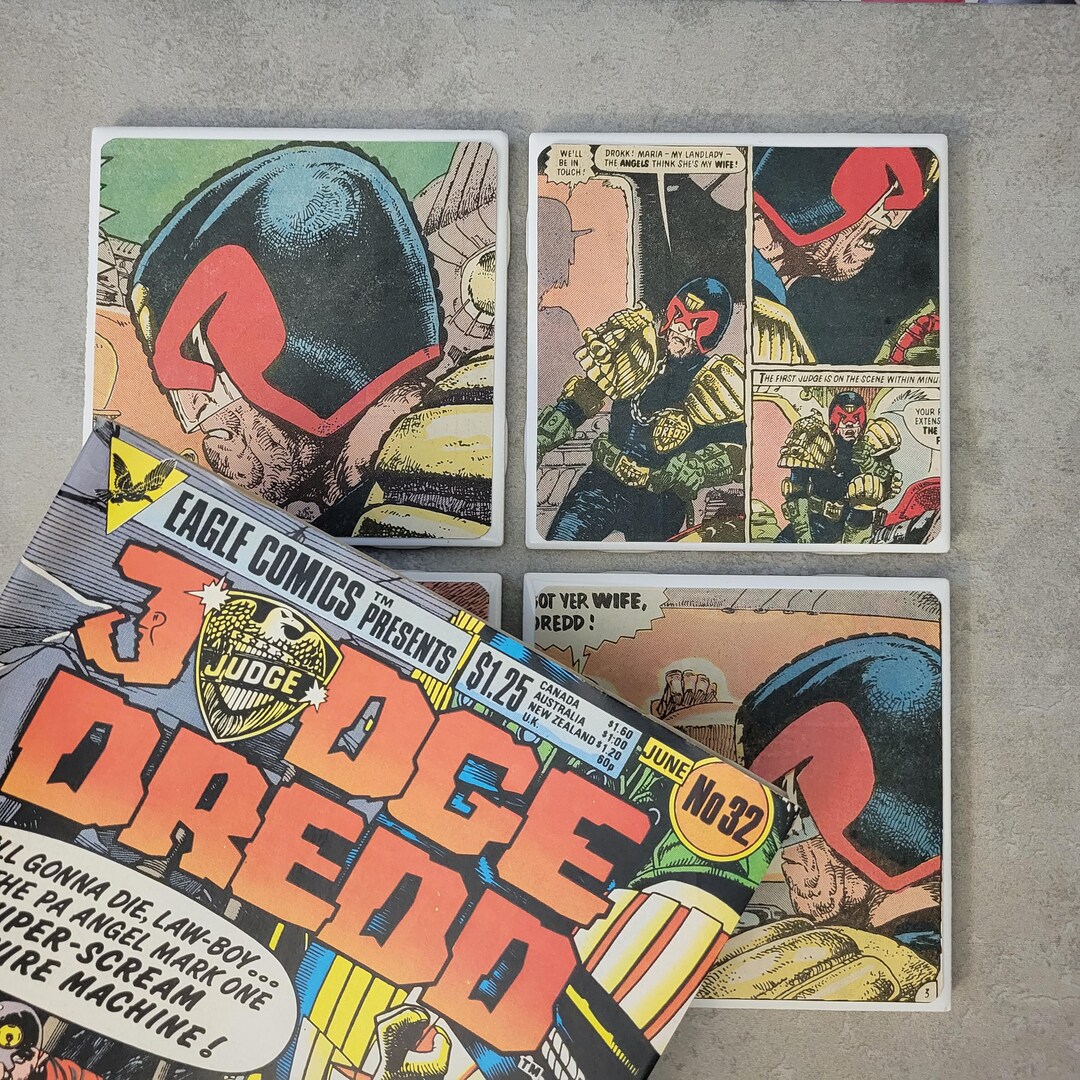Judge Dredd Comic Book Coasters: Repurposed Superhero Decor - Etsy