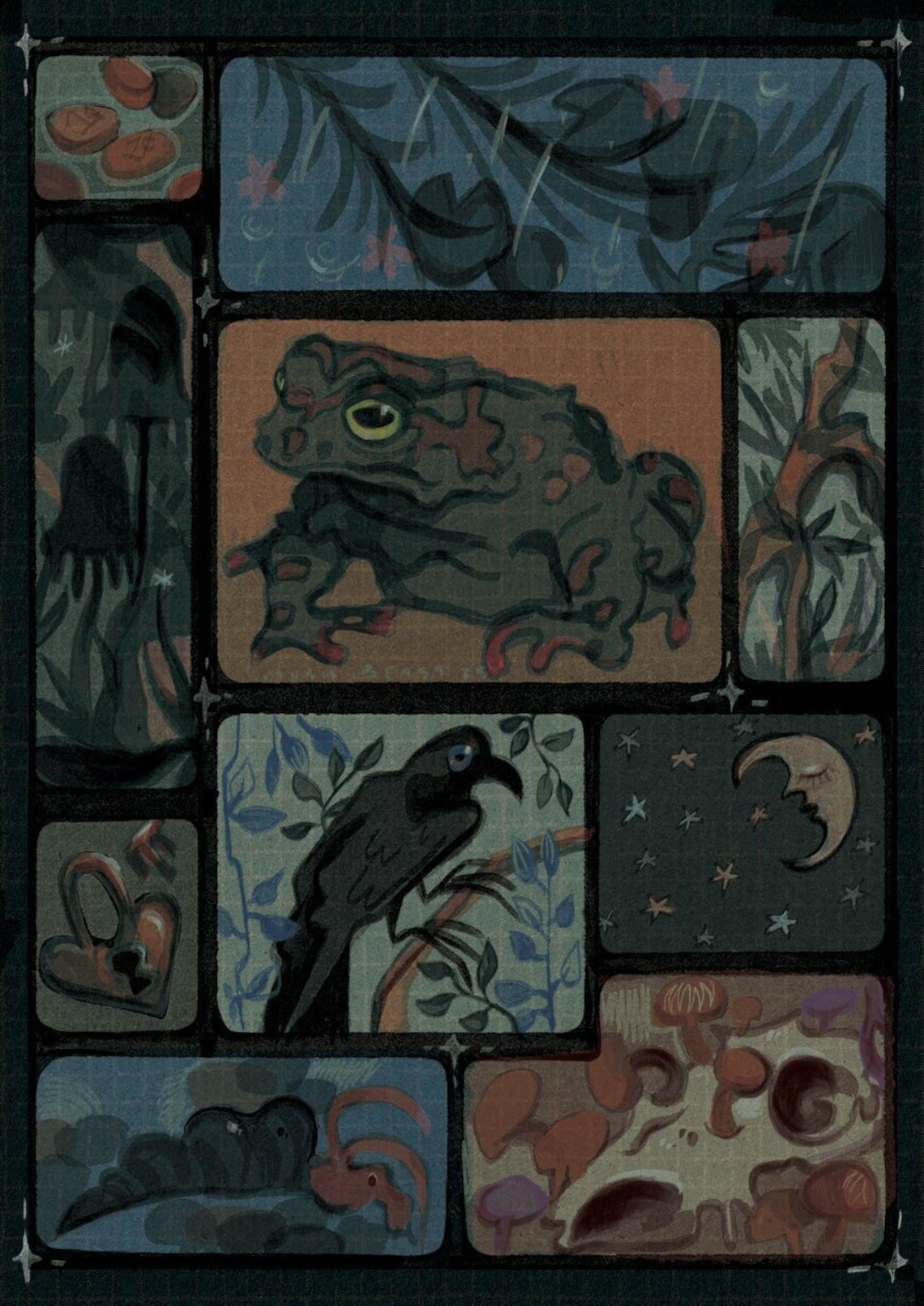 Goblincore Toad Crow Mushroom Illustration Print - Etsy
