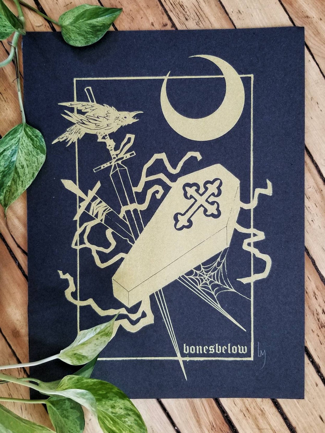 Coffin & Swords gold Ink on Black Cardstock - Etsy
