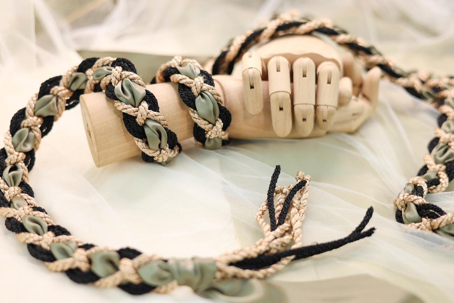 Handfasting Cord - Braid - Black + Taupe With Dark Sage Ribbon ...