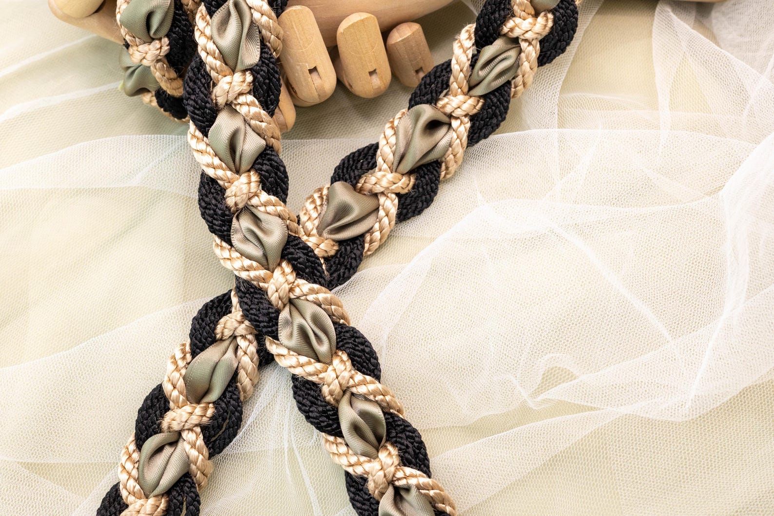 Handfasting Cord - Braid - Black + Taupe With Dark Sage Ribbon ...