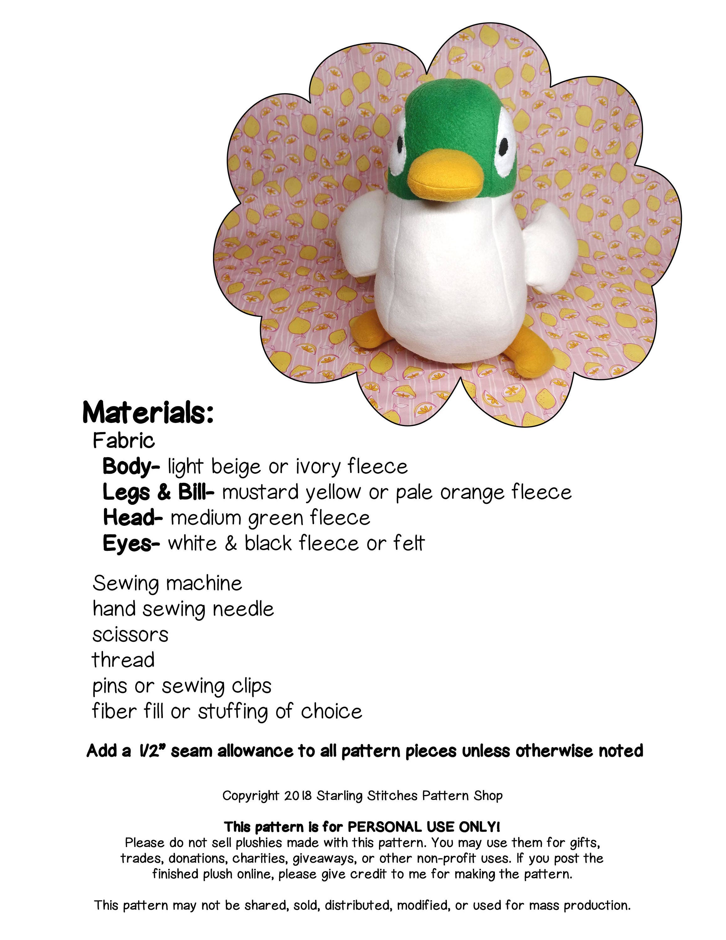 Duck Plush Sewing Pattern PDF Download | Etsy