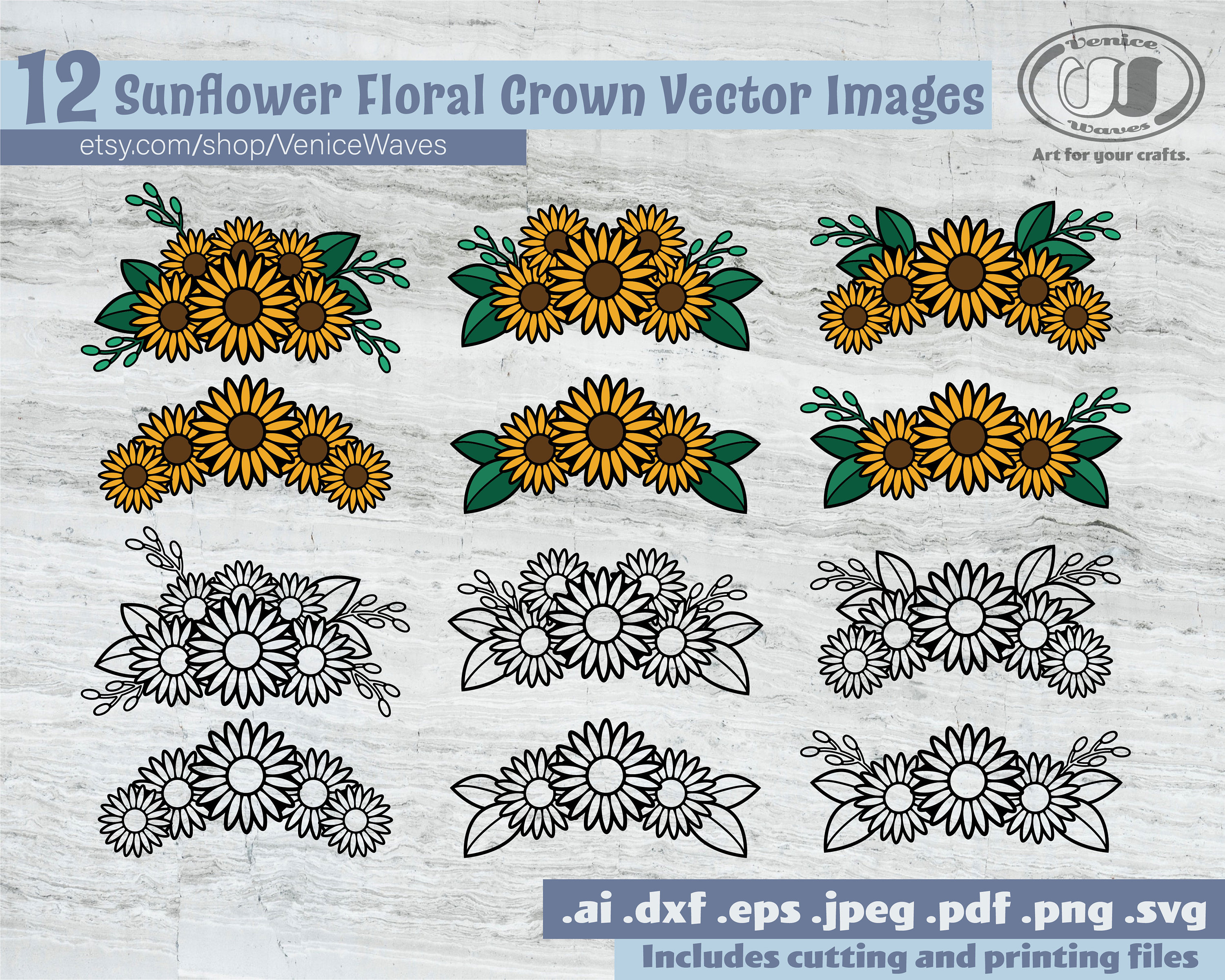 Sunflower Floral Crown SVG, Sunflower Floral Crown Cut File, Sunflower ...