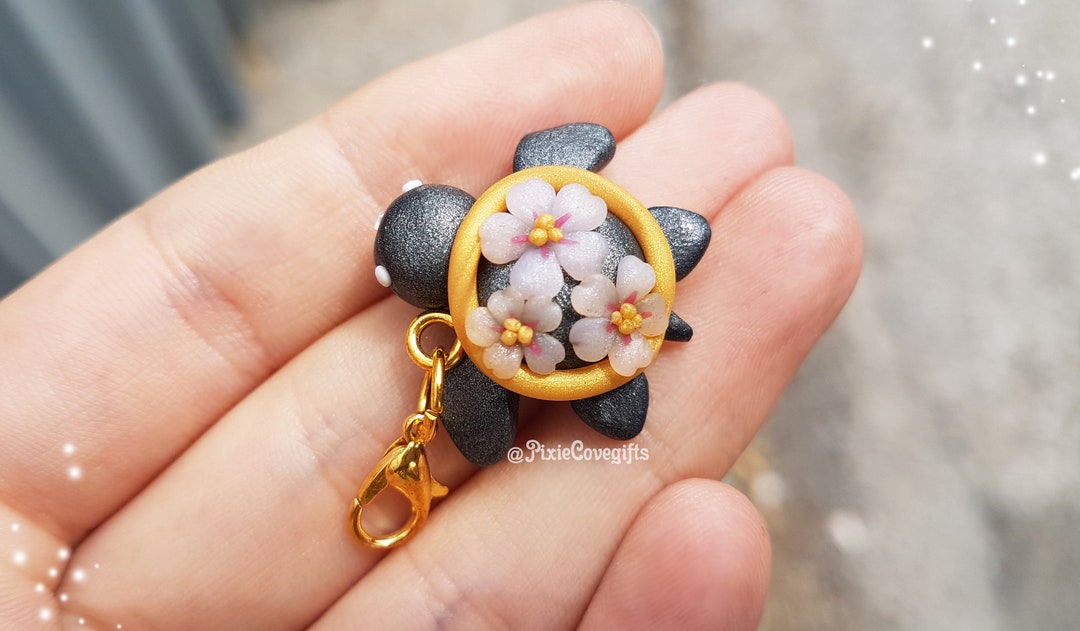 Kawaii Silver Turtle Cherry Blossom Charm / Polymer Clay Charms, Gold ...