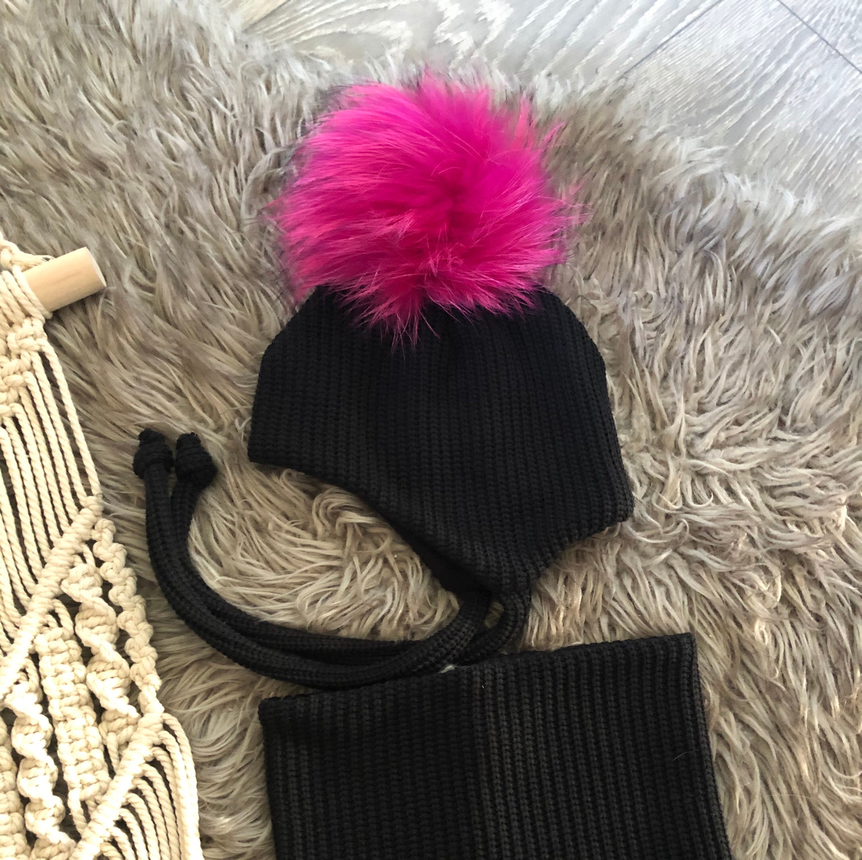 Tuque à pompon ENFANT hiver cache-oreilles tricot noir | Etsy