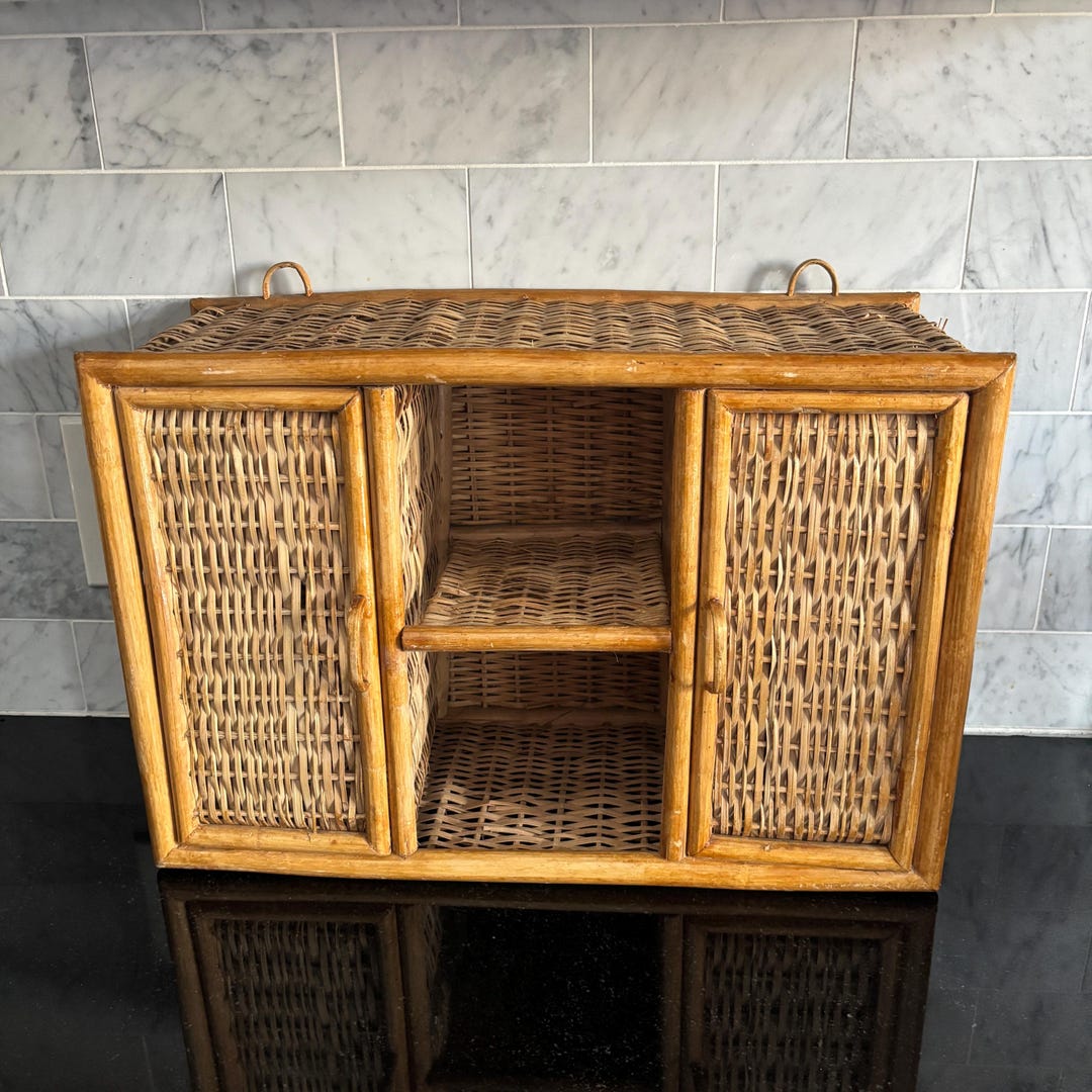Vintage Bamboo & Rattan Wicker Storage Cabinet Shelf - Wall Hanging or ...