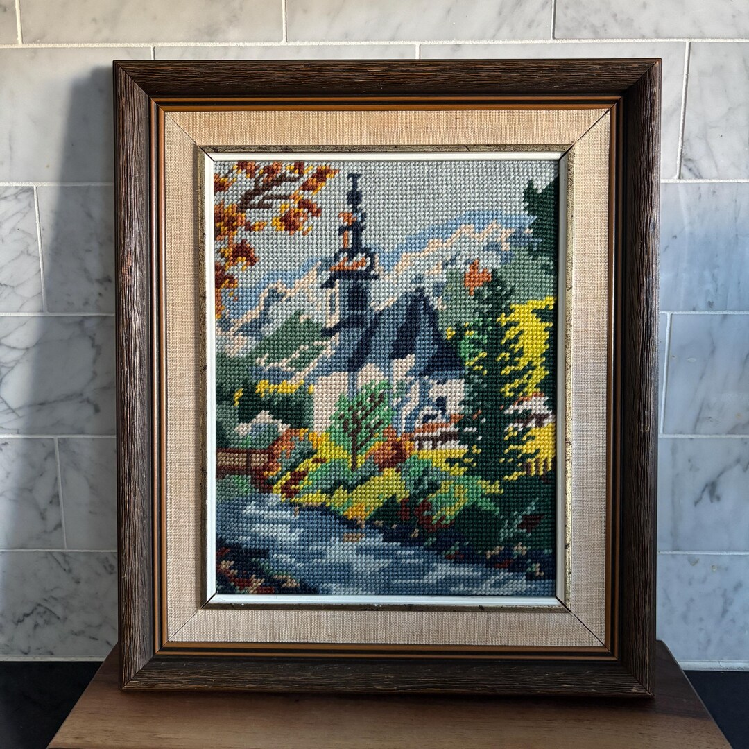 Vintage Framed Needlepoint Art of Church Mountain Forest Landscape ...