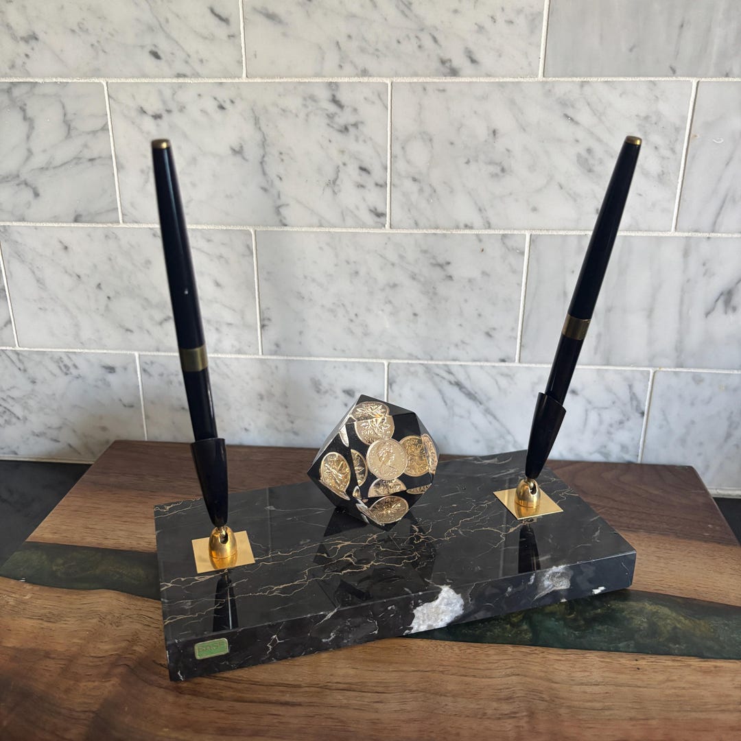 Mid Century Marble Pen Holder With Lucite Pennies - MCM Desk Organizer ...