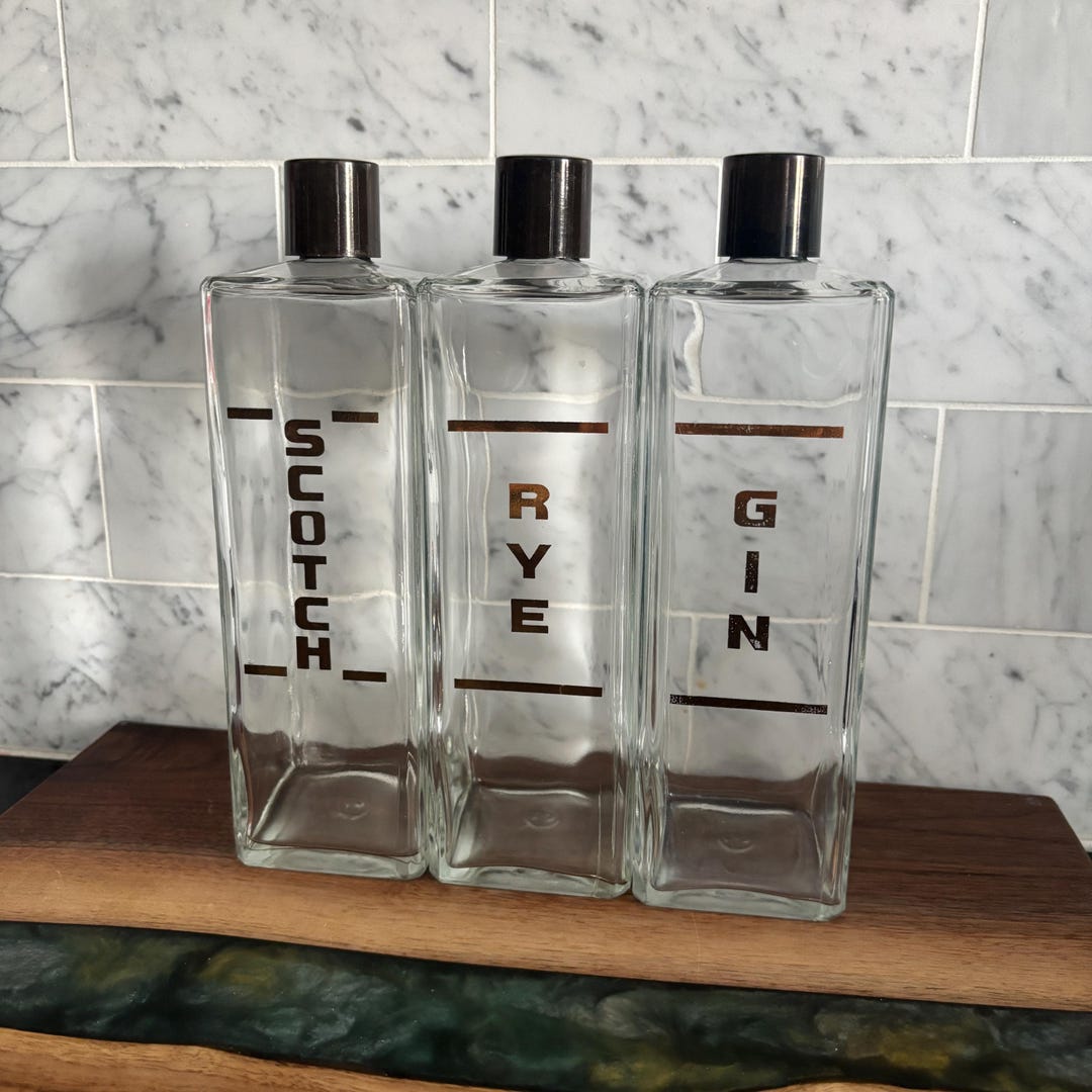 Vintage Set of 3 Art Deco Glass Liquor Decanter Bottles - Scotch, Rye ...