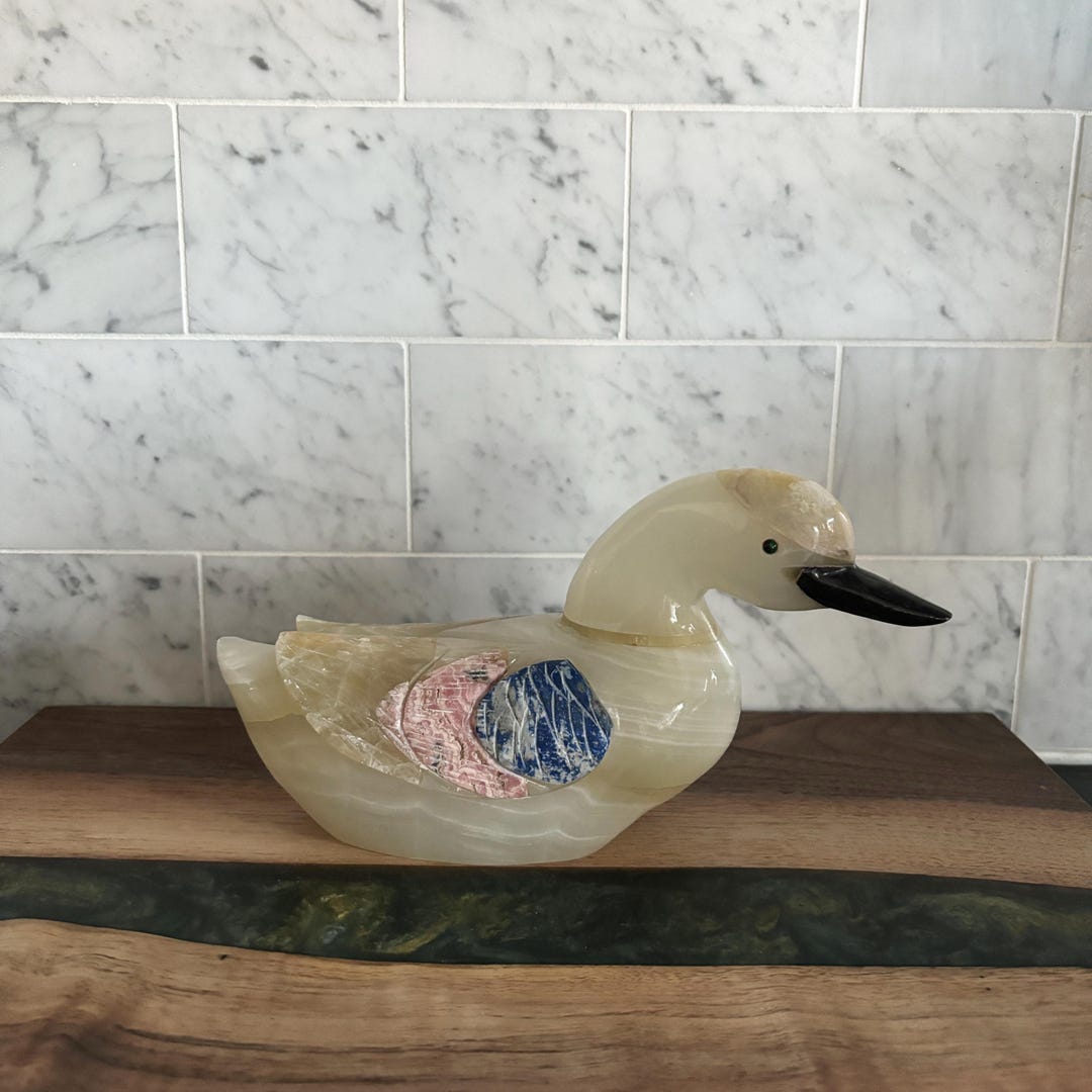 Vintage Marble Onyx Stone Duck With Pink and Blue Stone Inlay - Etsy