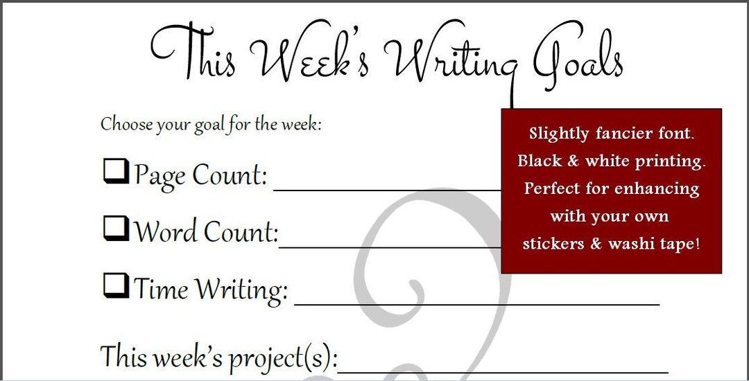 This Week's Writing Goal Printable - Simple Flourish - BW - Etsy
