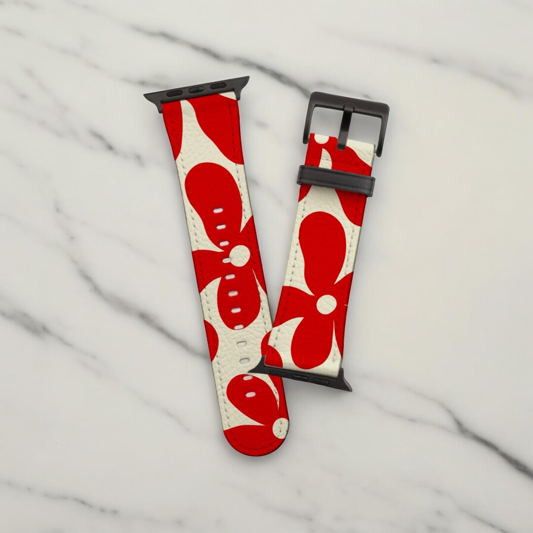 Red Chunky Retro Flowers Apple Watch Band - Fits Series 1-10, Ultra ...