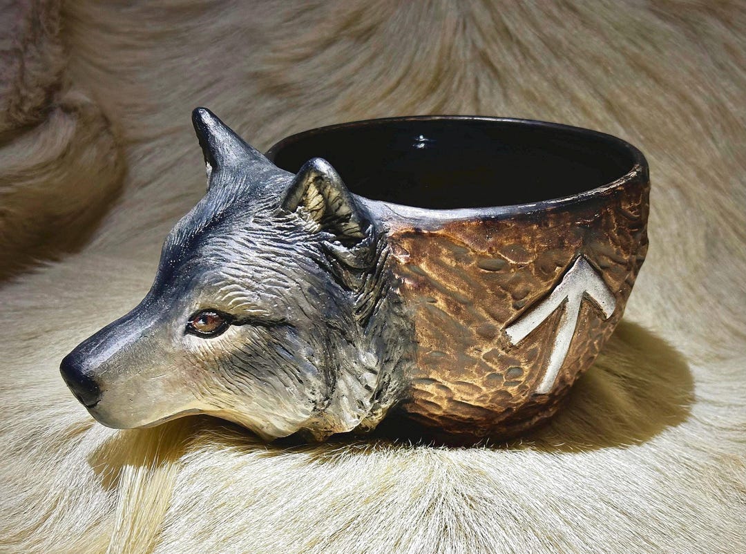 Handcrafted Asatru Ritual Bowl With Wolf Head and Runes Algiz , Othala ...