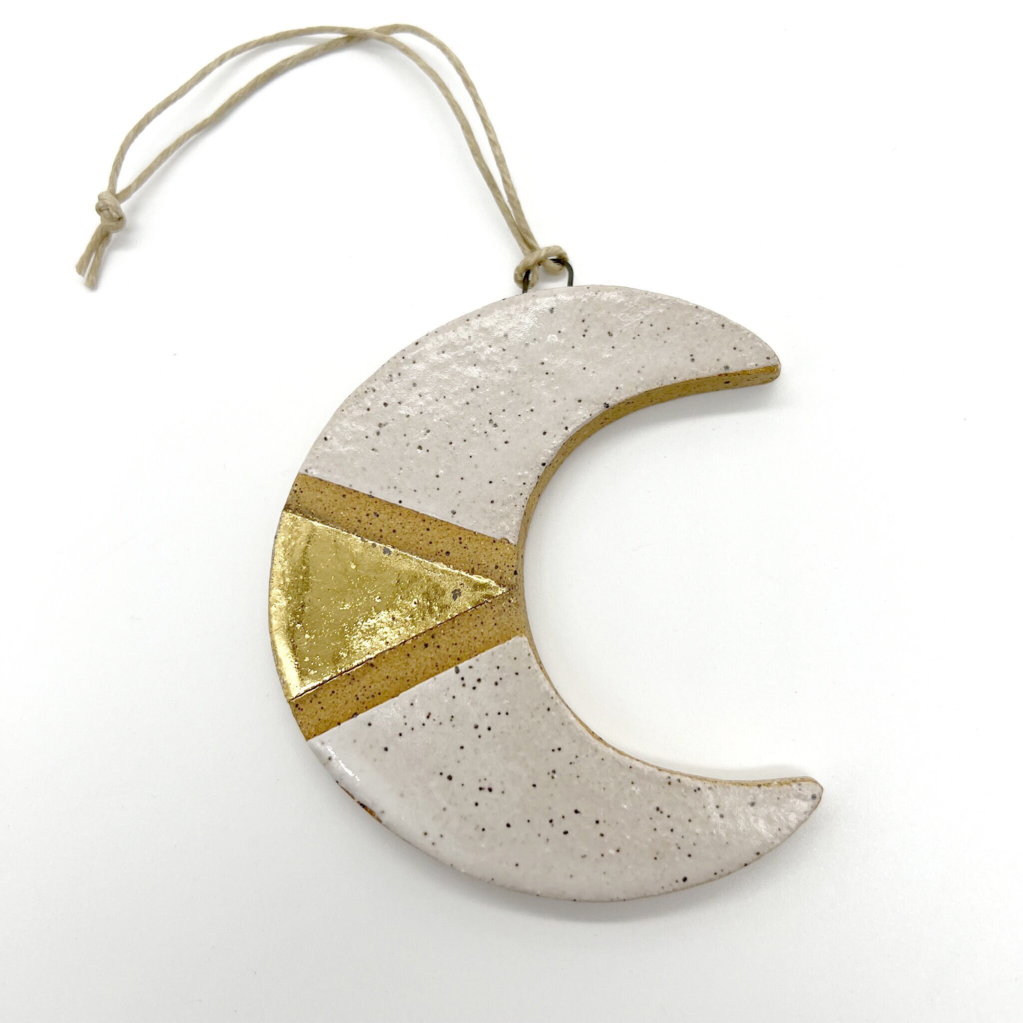 Moon Ornament, Speckled, White, Gold, Handmade, Ceramic, Glazed ...