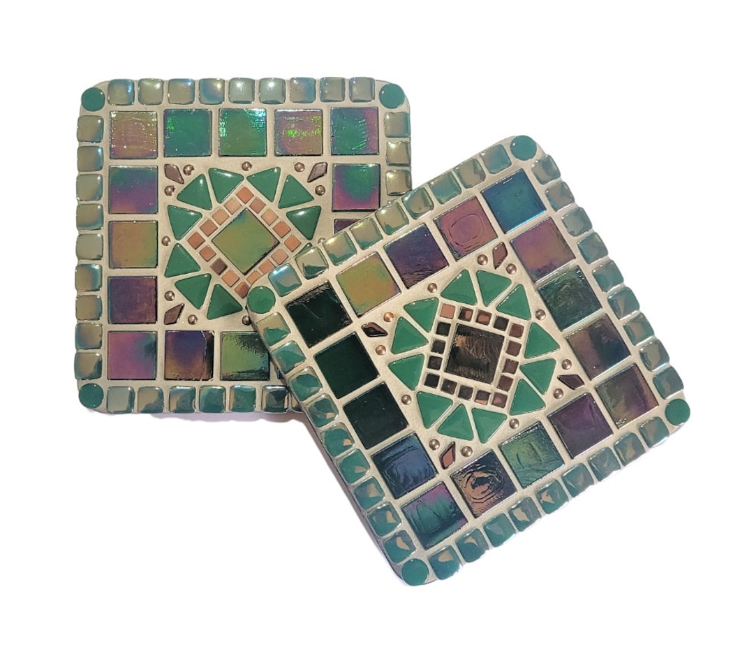 Mosaic Coasters, Pair of Handmade Mosaic Coasters - Iridescent Emerald ...