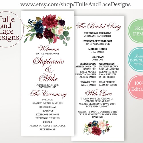 Burgundy Blush Navy Wedding Program Template Editable Floral - Etsy