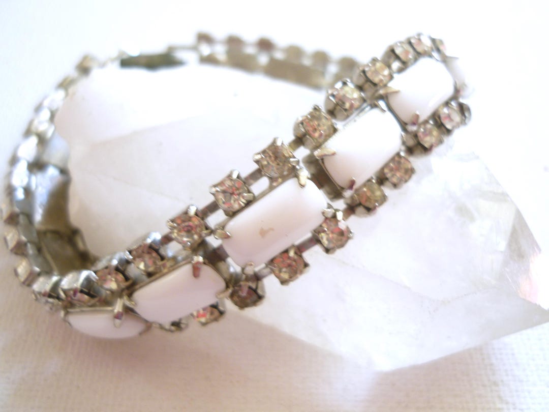 Vintage 60s Bracelet - Vintage Rhinestone and Milk Glass Bracelet ...