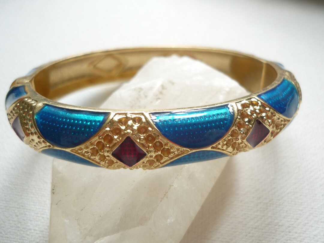 Enamelled Vintage Bracelet- 90s Bracelet- Green and Red Gold Bracelet ...