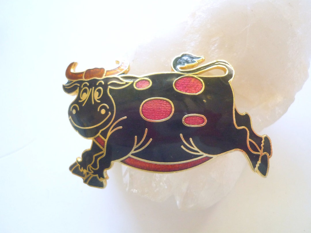 Enamelled Brooch Cow - Vintage 90s- Animal Black and Red Color Brooch ...