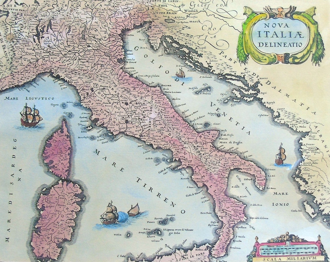 Italy, Italian Map, Hand Colored Italy, Ancient Italy, Etching, Italy ...