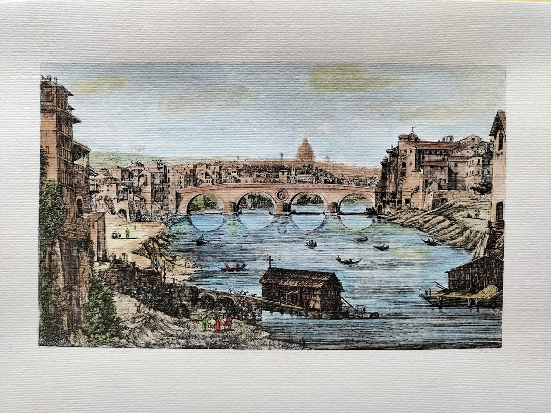 Rome, St. Peter's, Tiber, Italy, Hand Colored Etching, Drawings ...