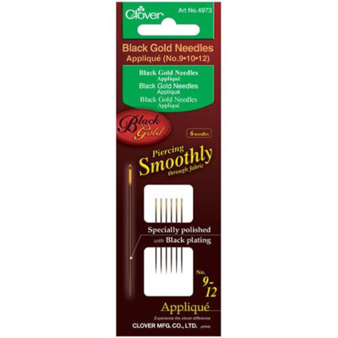Clover Black Gold Hand Sewing Sharp/applique Needles, No 9, 10, & 12 ...