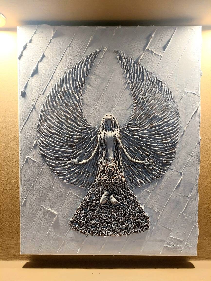 Original 3D Relief Painting on Canvas. Relief Embossed Angel Acrylic ...