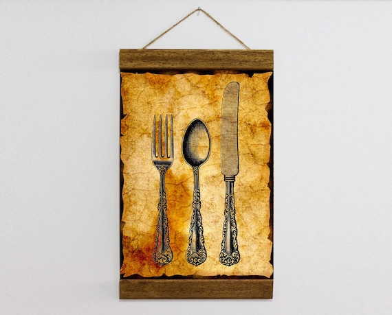 Vintage Cutlery Set Kitchen Wall Canvas Print Wood Frame | Etsy