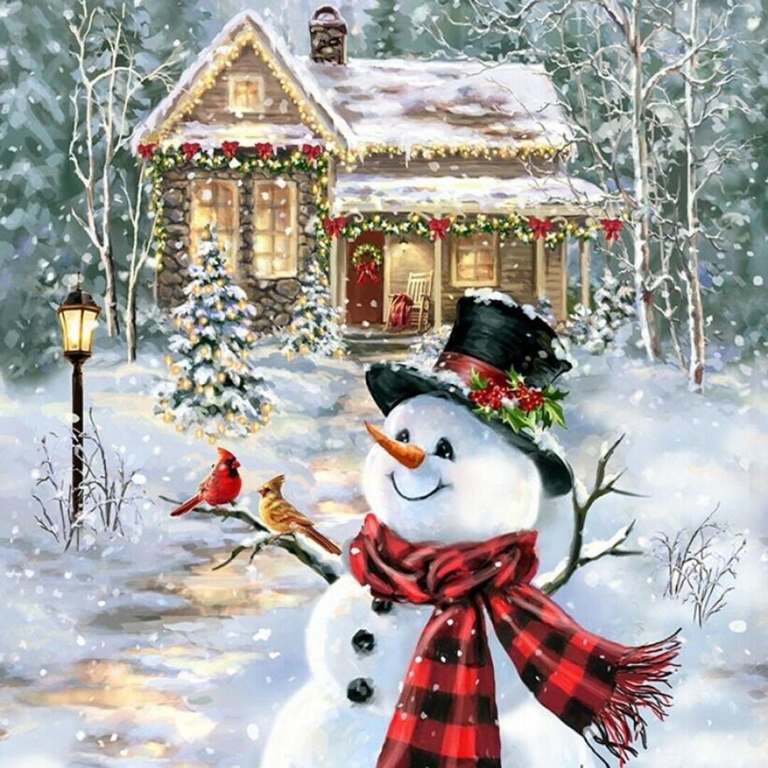 Snowman and Cottage in the Snow - Timeless Treasure - Etsy