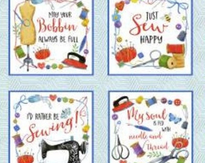 Just Sew Happy Fabric Panel - by Jane Alison for Henry Glass - 24" X 43 ...