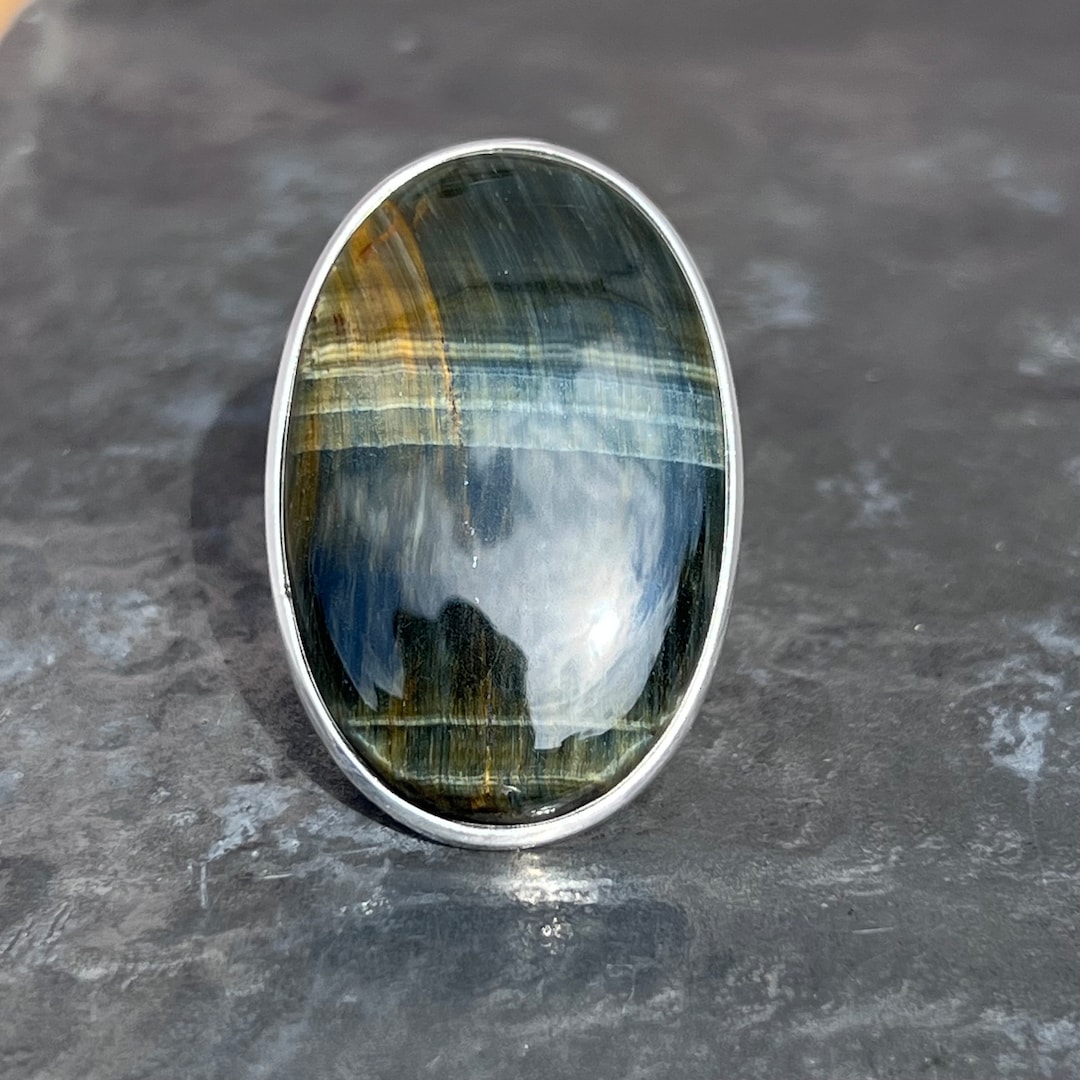 Tiger Eye Ring - Blue Tiger Eye Ring - Oval Tigereye Ring With ...