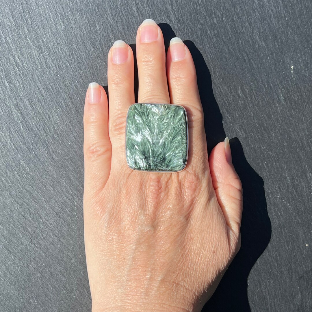 Seraphinite Ring - Silver Seraphinite Ring - Oval Seraphinite Ring Size ...