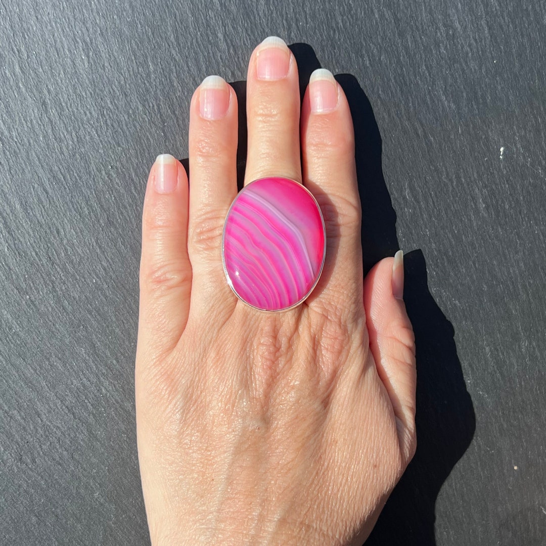 Agate Ring - Pink Agate Ring - Oval Pink Agate Ring Size U.K. - R, U.S ...