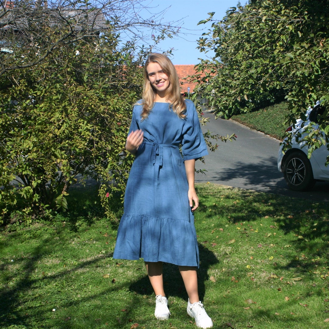Linen Blue Dress BORA, Natural Clothing, Dress With a Ruffle, Dress ...
